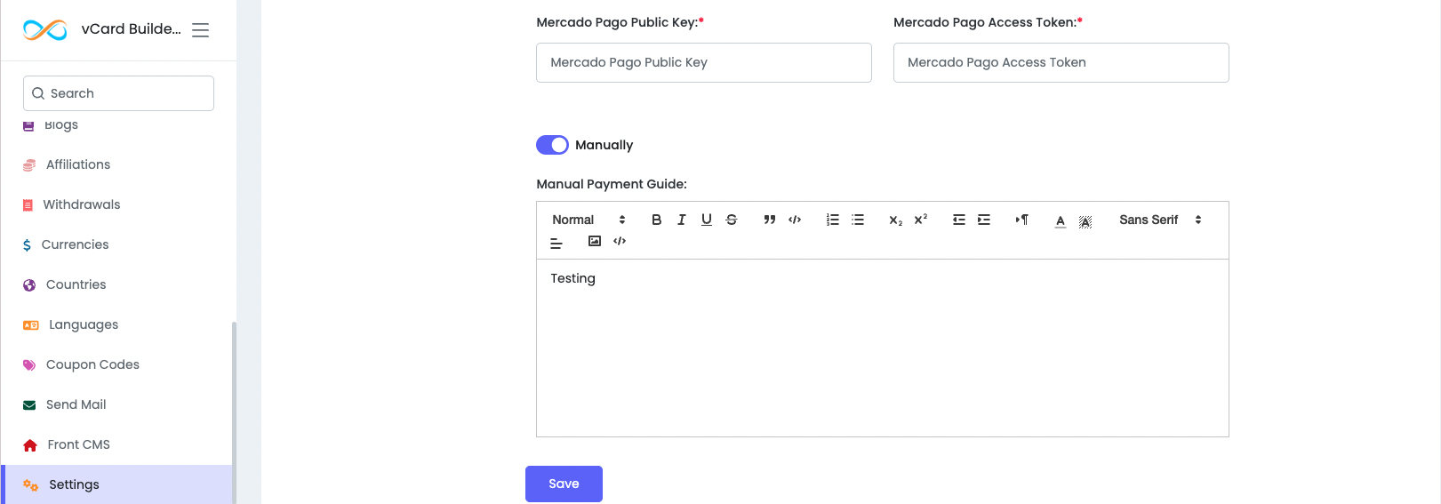Infy vCard Saas : Mercado Pago Payment Integration Add on by infyomlabs